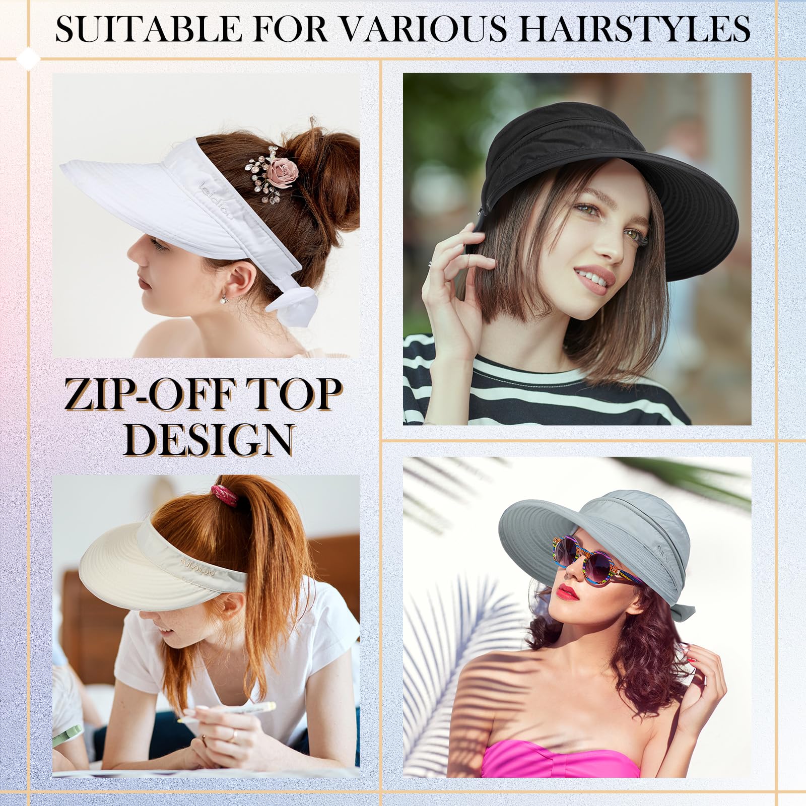 4 Pcs Foldable Sun hat Visor Ponytail Hat Women Summer UV Protection Hat 2 in 1 Zip Off Hat Large Wide Brim Visor Golf Foldable Cap Removable Top Cover for Outdoors Sports