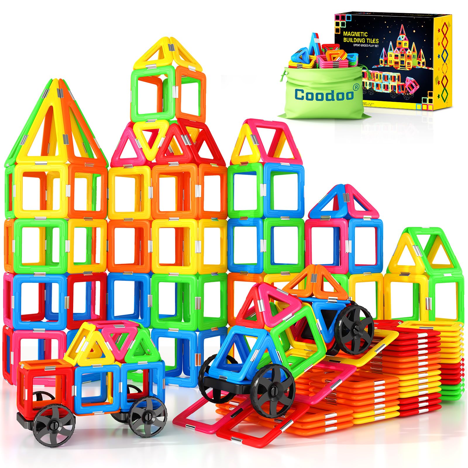 Coodoo Magnetic Tiles with 2 Cars Magnetic Toys for 3 4 5 6 7 8+ Year Old Boys Girls, Magnetic Blocks Building Set for Toddlers STEM Creativity Educational Toys for Kids Age 3-6