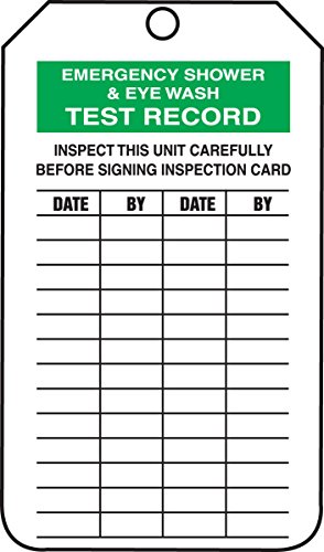 Accuform 25 "Emergency Shower and Eyewash Test Record" Cardstock Mini Tags, 4.25" x 2.13", Green/Black on White, TRM105CTP