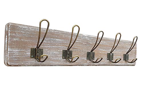 WRIGHTMART Wooden Coat Rack Wall Mounted with 5 Hanger Hook, for Porch, Kitchen, Bedroom, Hallway, Antique Farmhouse Rustic Character, Mahogany Wood, (Aged Whitewash Bronze Hook)
