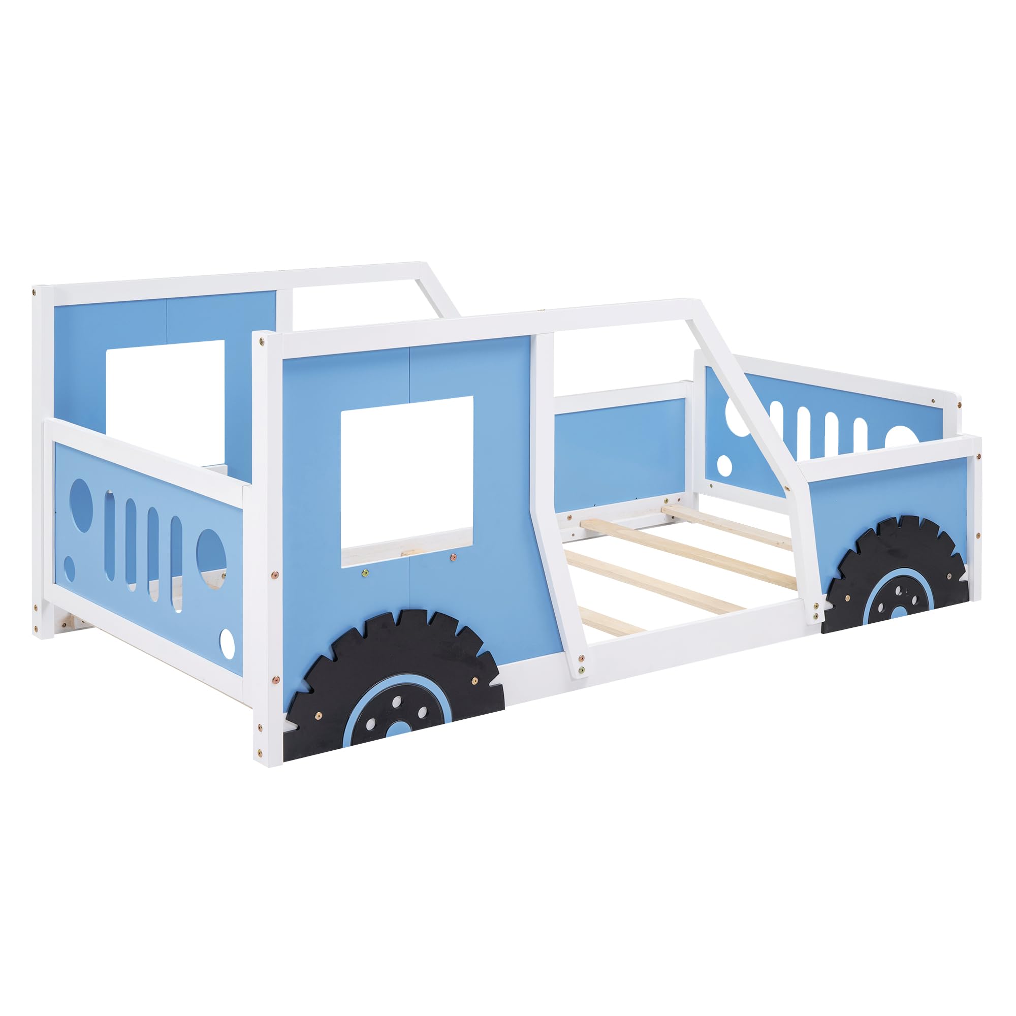 Twin Size Car Bed, Wood Floor Bed Frame with Headboard & Footboard and 4 Side Rails, Kids Racecar Bed for Boys Girls Teens, Blue