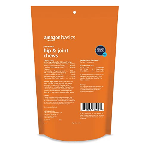 Amazon Basics Premium Dog Hip & Joint Supplement Chews with EPA and DHA, Chicken Liver Flavor, 60 Count (Previously Solimo)