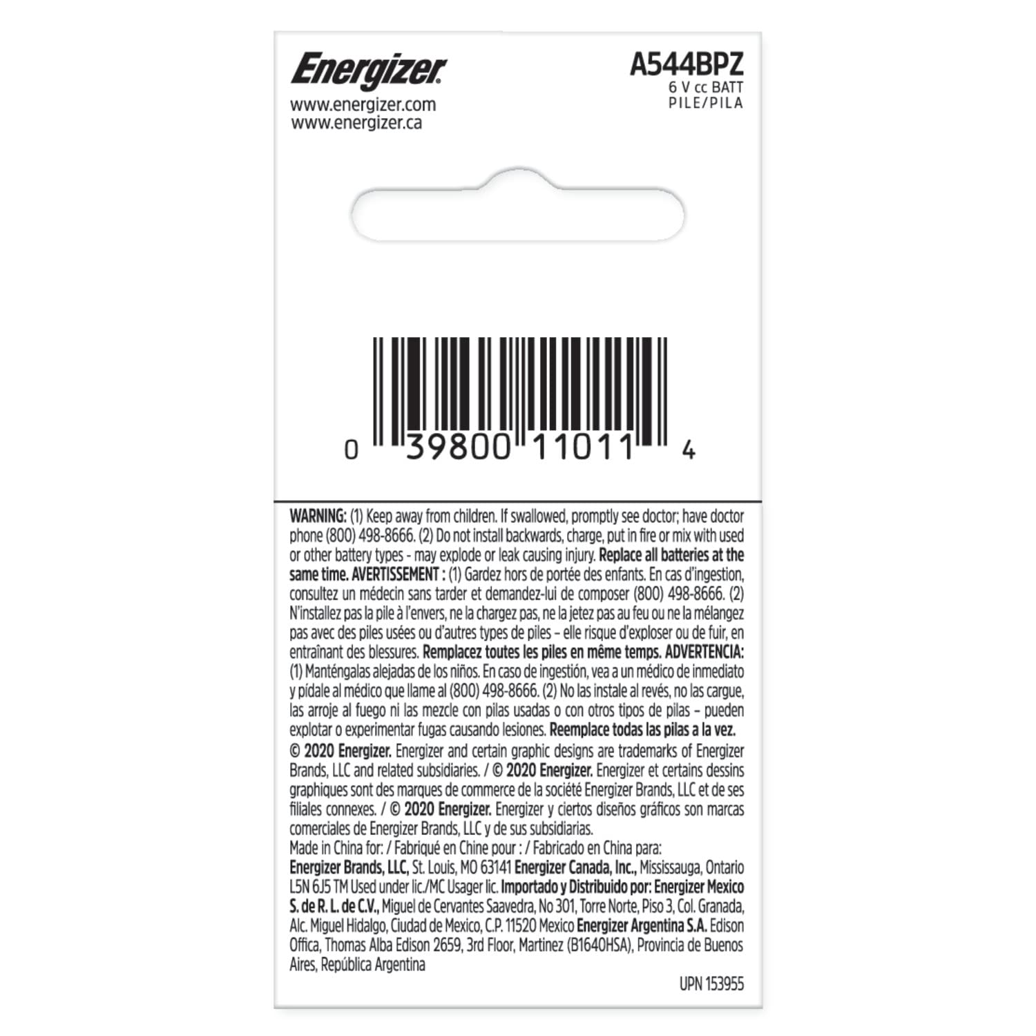 Energizer A544BPZ Zero Mercury Battery, Multi