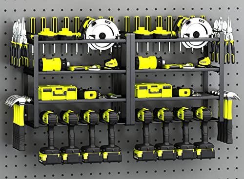 KAFAHOM Power Tool Organizer, 8 Drill Holder Wall Mount, 4 Layers Garage Tool Organizers and Tool Storage Rack, Heavy Duty Metal Tool Shelf with Screwdriver Holder/Plier Holder/Hammer Holder