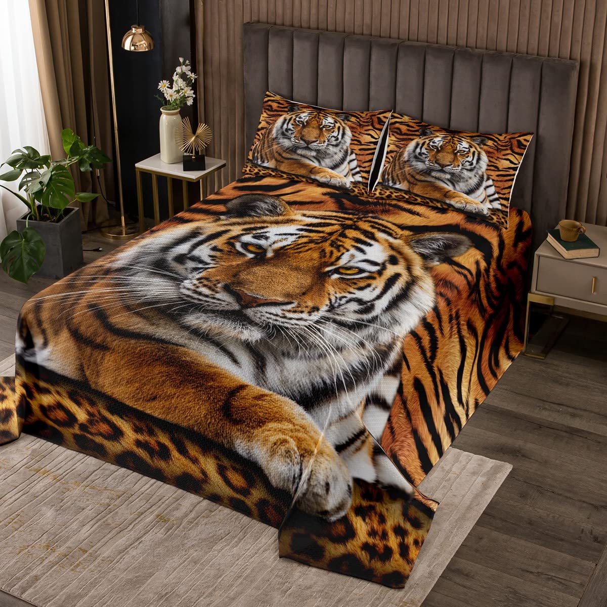 Manfei Tiger 3D Print Bedspread Queen Size,Wild Animals Bedding Set 3pcs for Kids Teens Boys Room Decor,Animal Fur Quilted Coverlet Leopard Soft Breathable Bedding Quilt with 2 Pillowcases