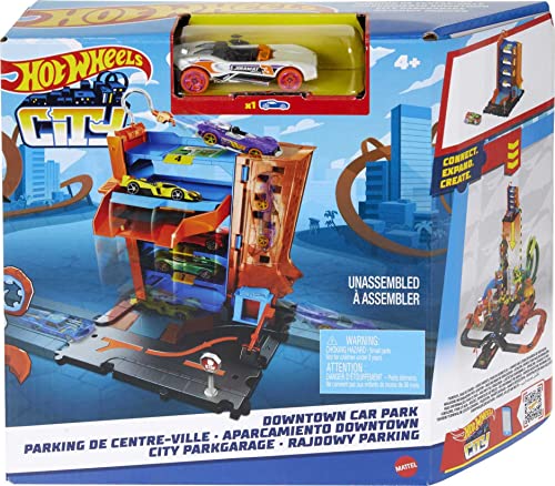 Hot Wheels City Toy Car Track Set Downtown Car Park Playset with 1:64 Scale Vehicle, 4 Levels, Working Lift & Exit Chute