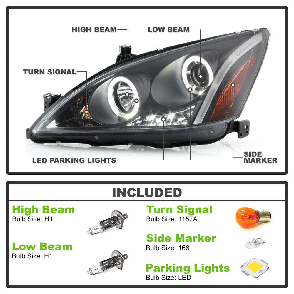 ACANII - For 2003-2007 Honda Accord LED Dual Halo Black Housing Projector Headlights Headlamps, Driver & Passenger Side