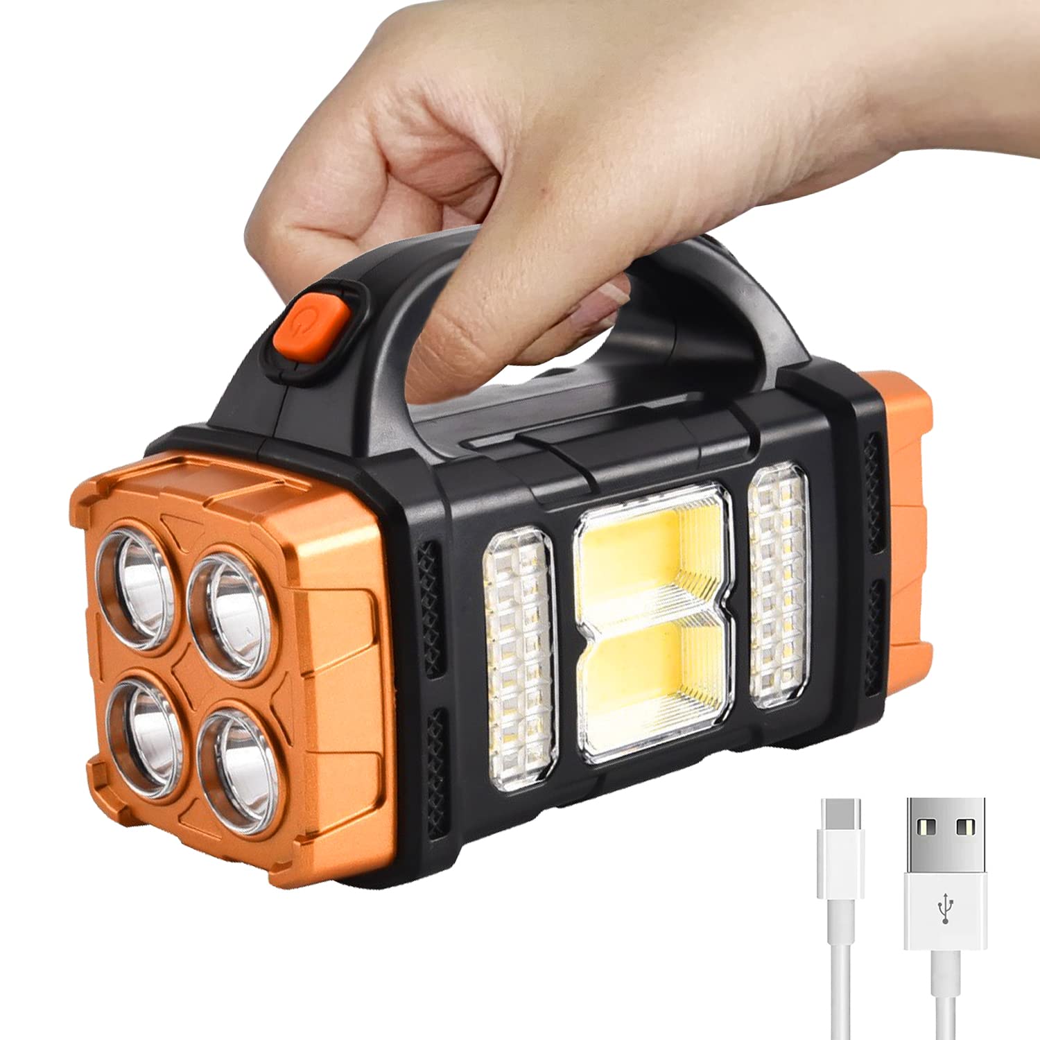 HUBAKO Two Side Solar Handheld Flashlight with COB Sidelight, High Bright 8 Modes Spotlight with USB Cable, Rechargeable Portable LED Searchlight for Outdoor Hunting Boating Camping Emergencies