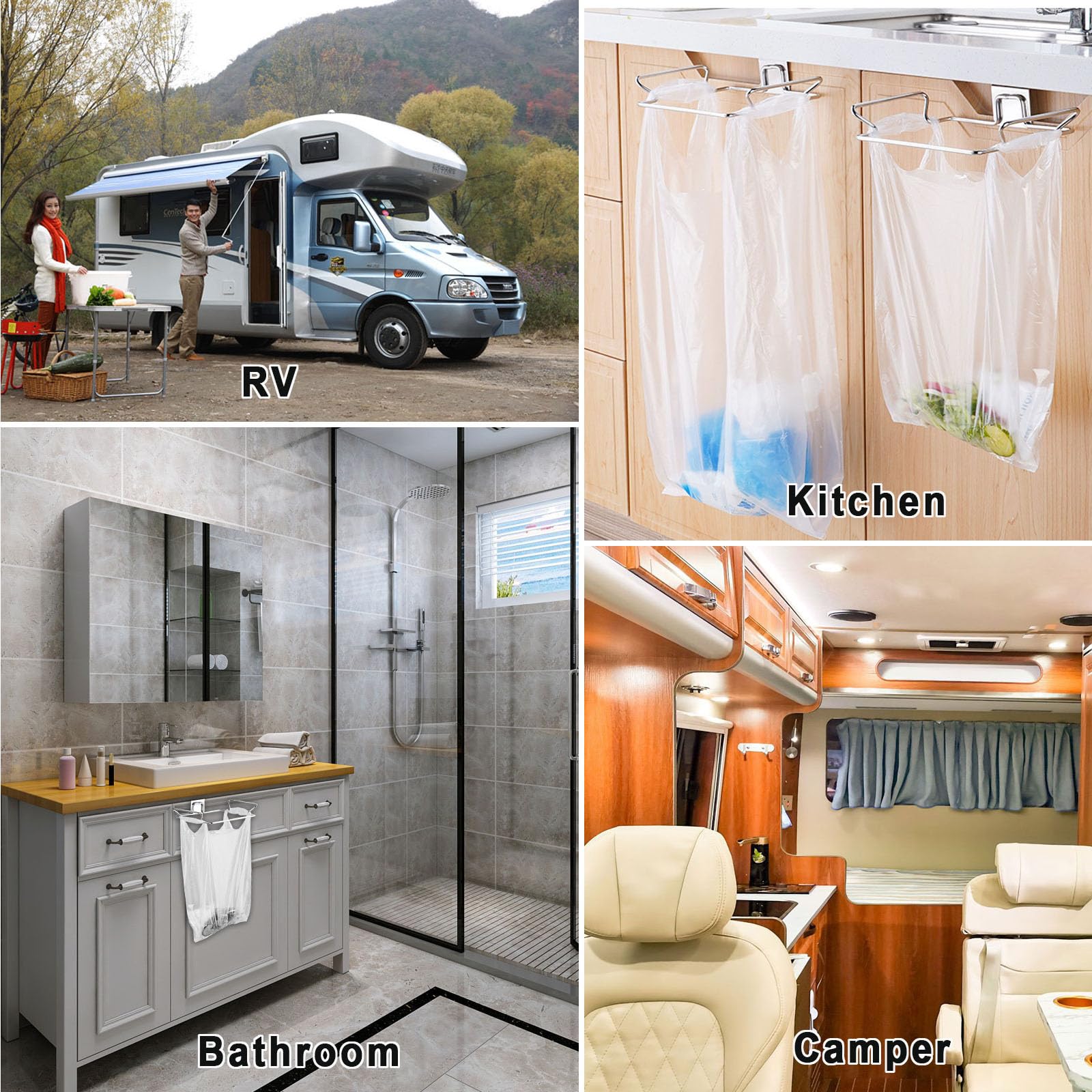 4 PCS Stainless Steel Trash Bag Holder for Kitchen Cabinet Door Cupboards, Under Sink Hanging Garbage Bag Holder, Metal Over Cabinet Door Trash Bag Holder for Kitchen RV Camper (Silver)