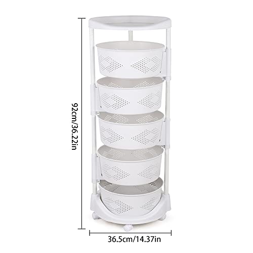 Kaibrite Rotating Kitchen Storage Rack, Multi-Layer Revolving Basket Kitchen Shelf with Wheels, for Kitchen, Bathroom, Laundry Room, Garage, White (5-Layer)