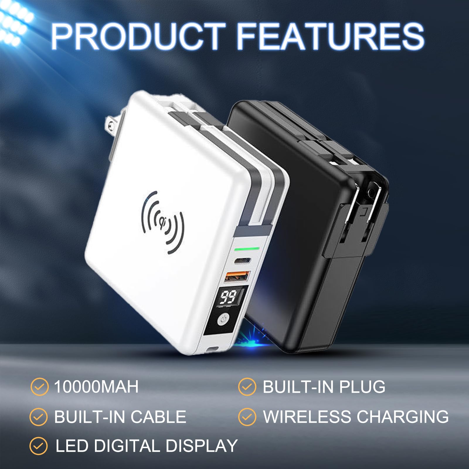 5 in 1 Power Bank - Travel 5 in 1 Power Bank, Portable Charger with Ac Wall Plug & Built-in Cables, Built-in Type-C and Lighting USB Cable 4 Output and 2 Input (White)
