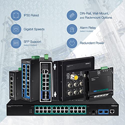 TRENDnet 8-Port Industrial Gigabit Poe+ Wall-Mounted Front Access Switch, TI-PG80F, 8X Gigabit Poe+ Ports, DIN-Rail Mount, 48 –57V DC Power Input, IP30, 200W Poe Budget, Lifetime Protection