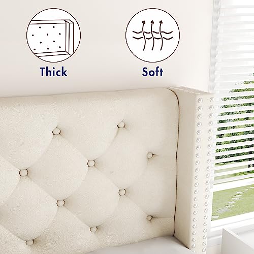Lonkwa Queen Size Bed Frame with Upholstered Wingback, Beige Platform Bed Frame with Headboard Tufted Diamond Button, Sturdy Wooden Slats, Noise-Free, Easy Assembly
