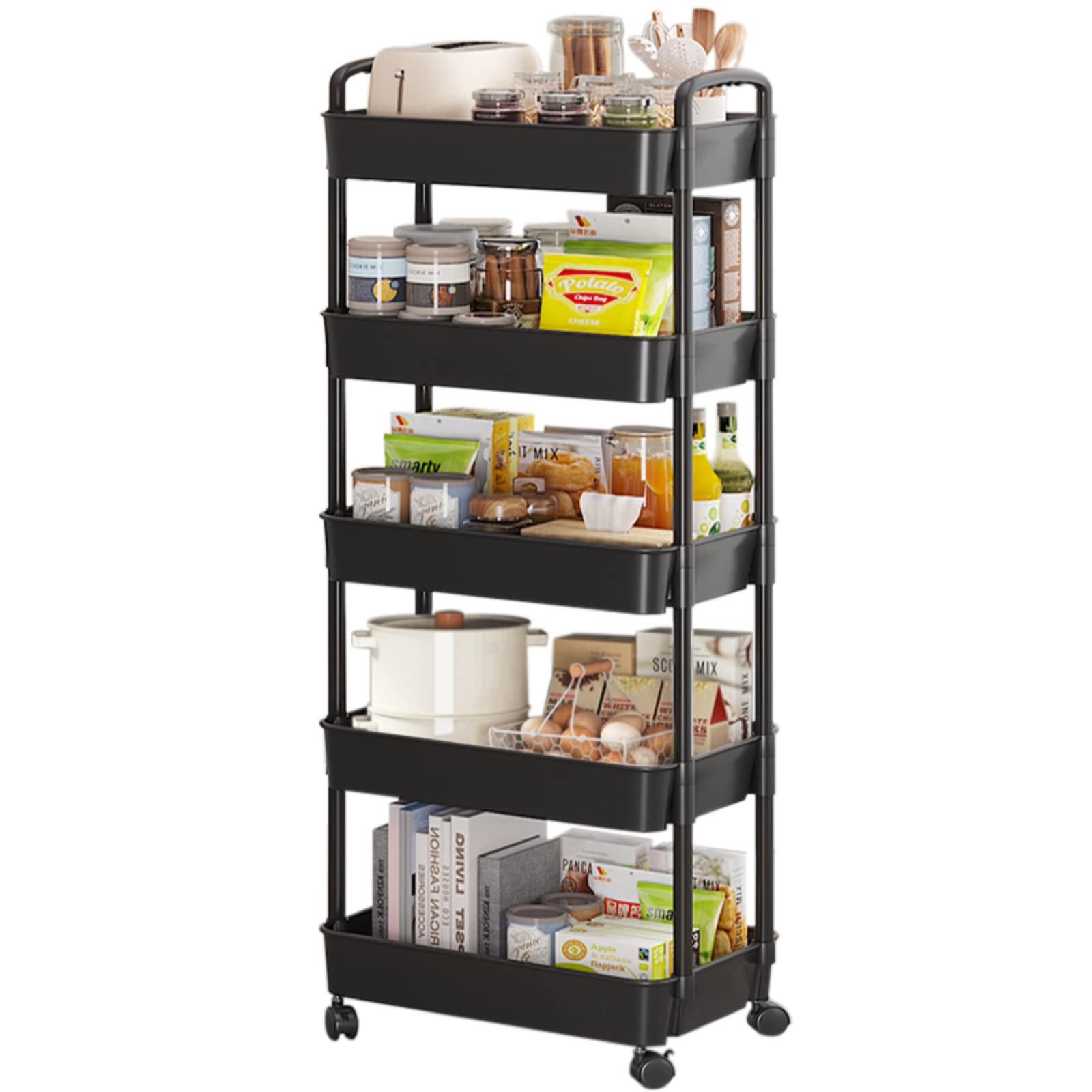 7 code 3 Tier Rolling Cart, Plastic Storage Cart, Multi-Functional Utility Cart Kitchen Storage Organizer,Mobile Shelving Unit Cart with Lockable Wheels for Bathroom,Laundry,Living Room,Black