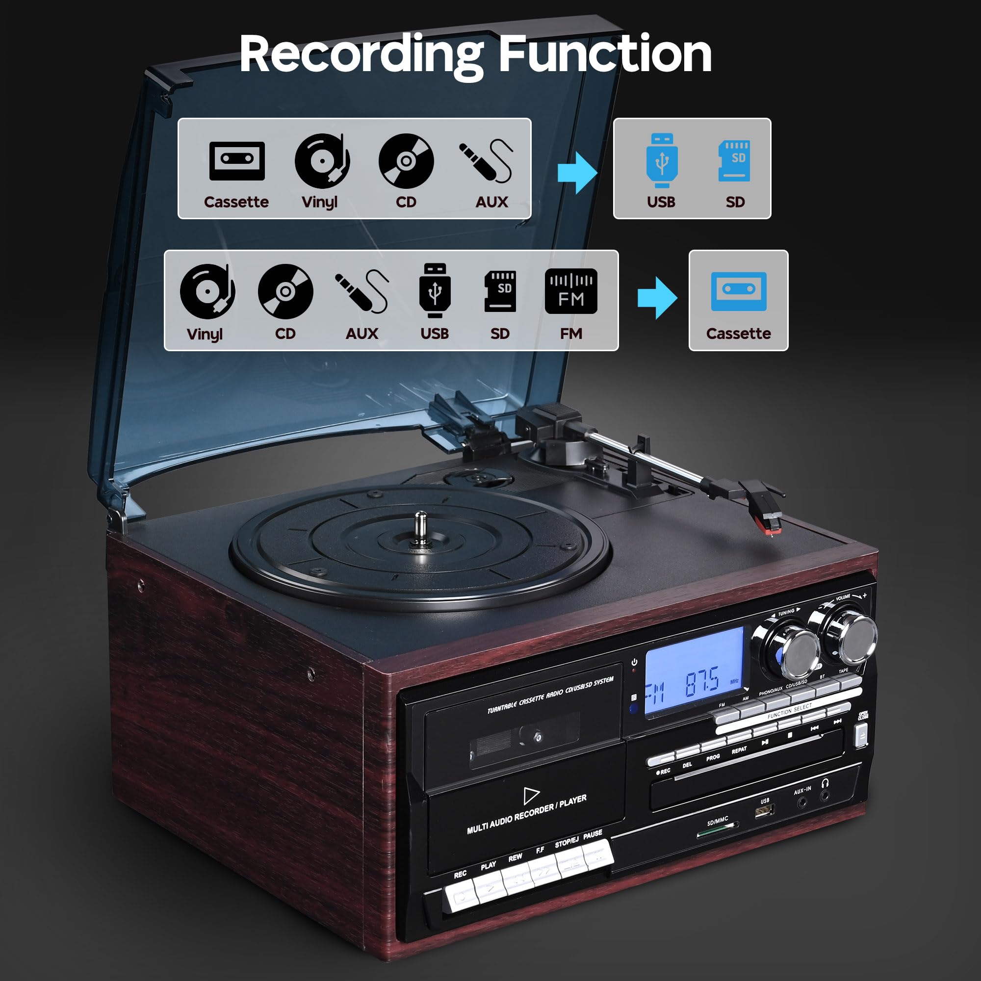 AW Vinyl Record Player with Speakers Turntable for Vinyl Records Stereo System for Home Bluetooth Tape Cassette CD Player Retro All in 1 AM/FM Radio