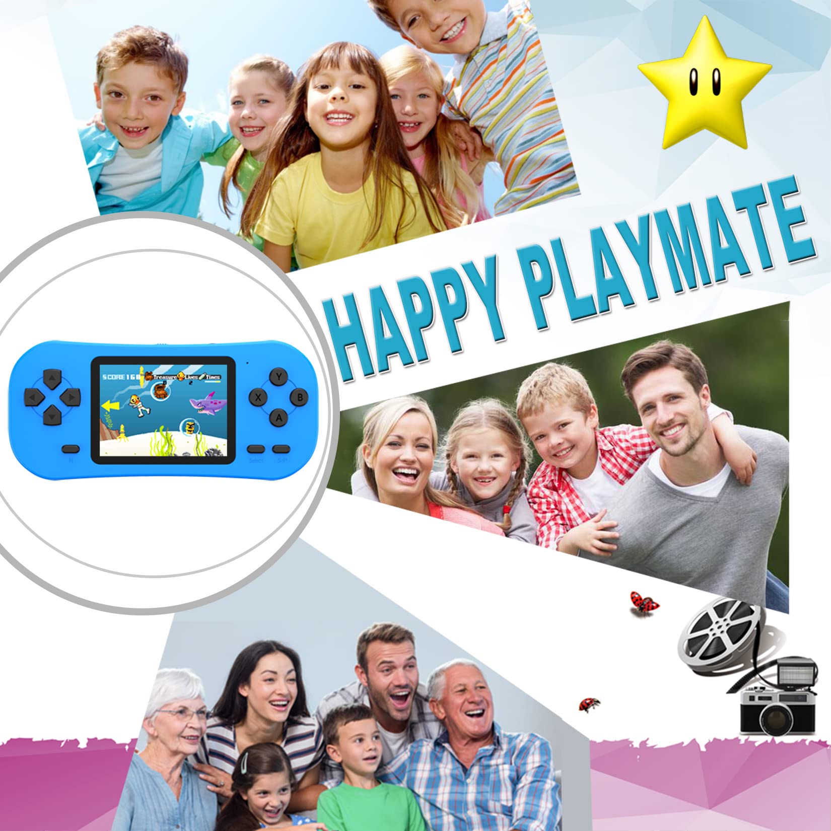 Beijue Retro Handheld Games for Kids Built in 218 Classic Old Style Electronic Game 2.5'' Screen 3.5MM Earphone Jack USB Rechargeable Portable Video Player Children Travel Holiday Entertain (Blue)