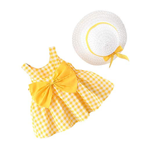 Camidy Infant Baby Girl Polka Dots Bowknot Dress Sleeveless Sundress with Straw Hat for 0-3Y