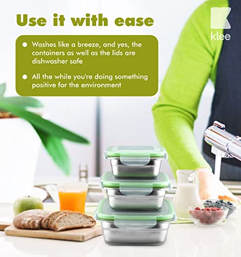 Klee Set of 3 Food Storage Containers with Airtight Lids (12oz,19oz, 28oz) - Premium 304 Stainless Steel Containers, Bento Boxes, Lunch Boxes, Meal Prep Containers for Kitchen, School, Office, Travel
