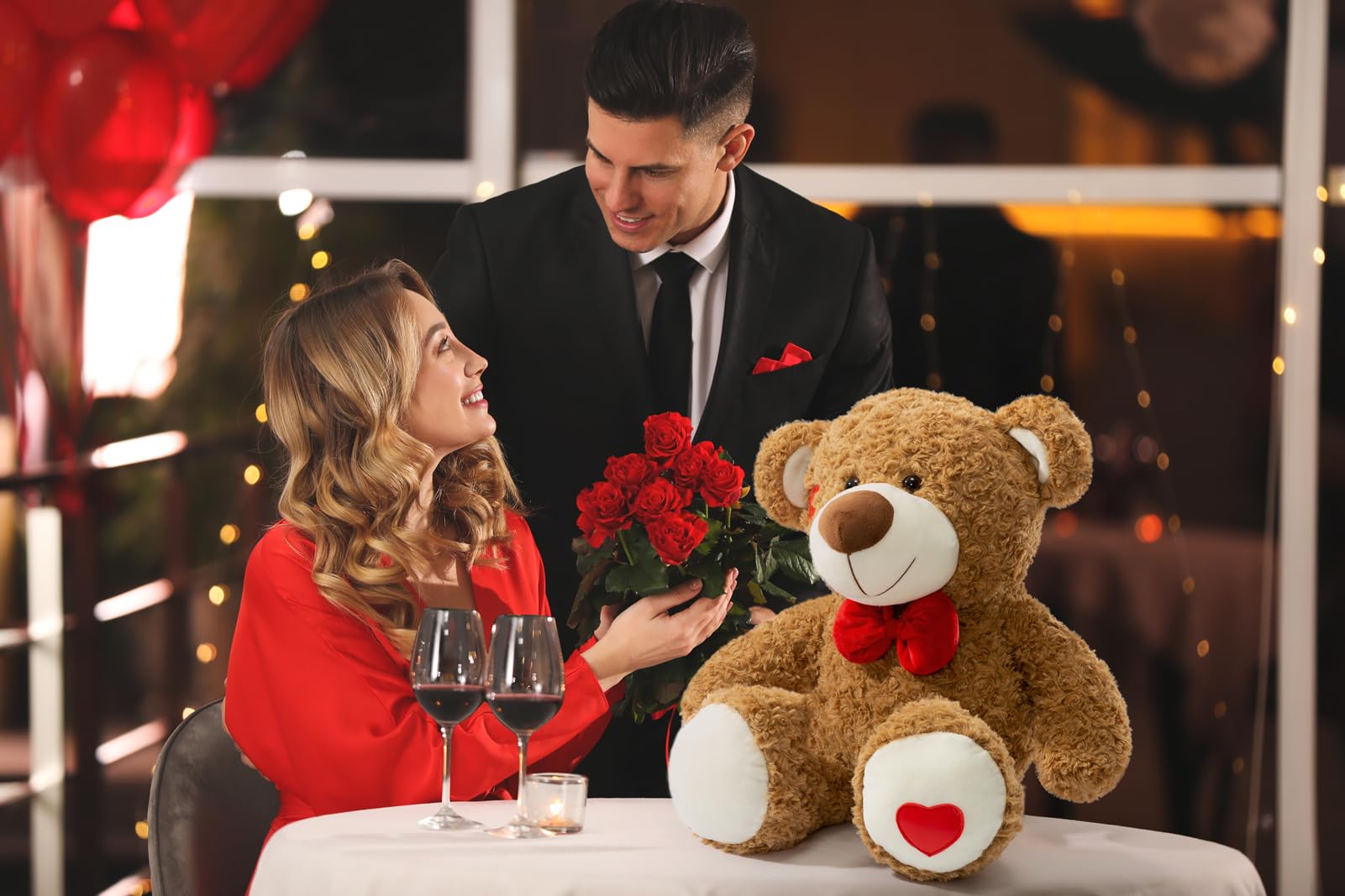 BEJOY Teddy Bear Stuffed Animal Plush Bear with Red Bow and Hearts Valentine’s Day Gift, 24 inch Brown