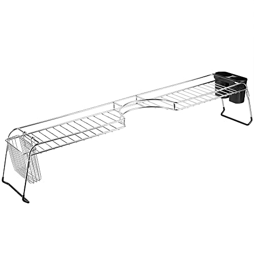 Home Basics Over Sink Shelf, (Chrome) Steel Over The Kitchen Sink Organizer for Soap, Sponges, Scrubbers, and More | with Cutlery Holder