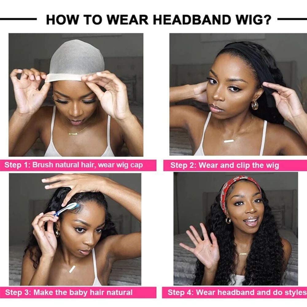 YISEA Headband Wig Human Hair Curly Wigs with Headband for Black Women 12 Inch Deep Wave Machine Made None Lace Front Wig 150% Density Brazilian Virgin Short Bob Wigs