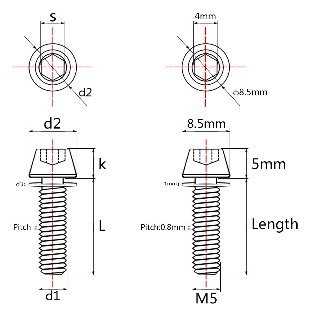 Wanyifa Titanium Ti Allen Hex M5x16 18mm Tapered Head Bolt with Washer Screw for Bicycle Stem Parts Pack of 6 (Ranibow, M5x18mm)