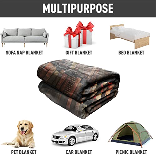XSMEI Vintage Library Blanket Soft Warm Flannel Plush Throw Blankets Vintage Bookshelf with Candle Lighting,60 x 80 Inch