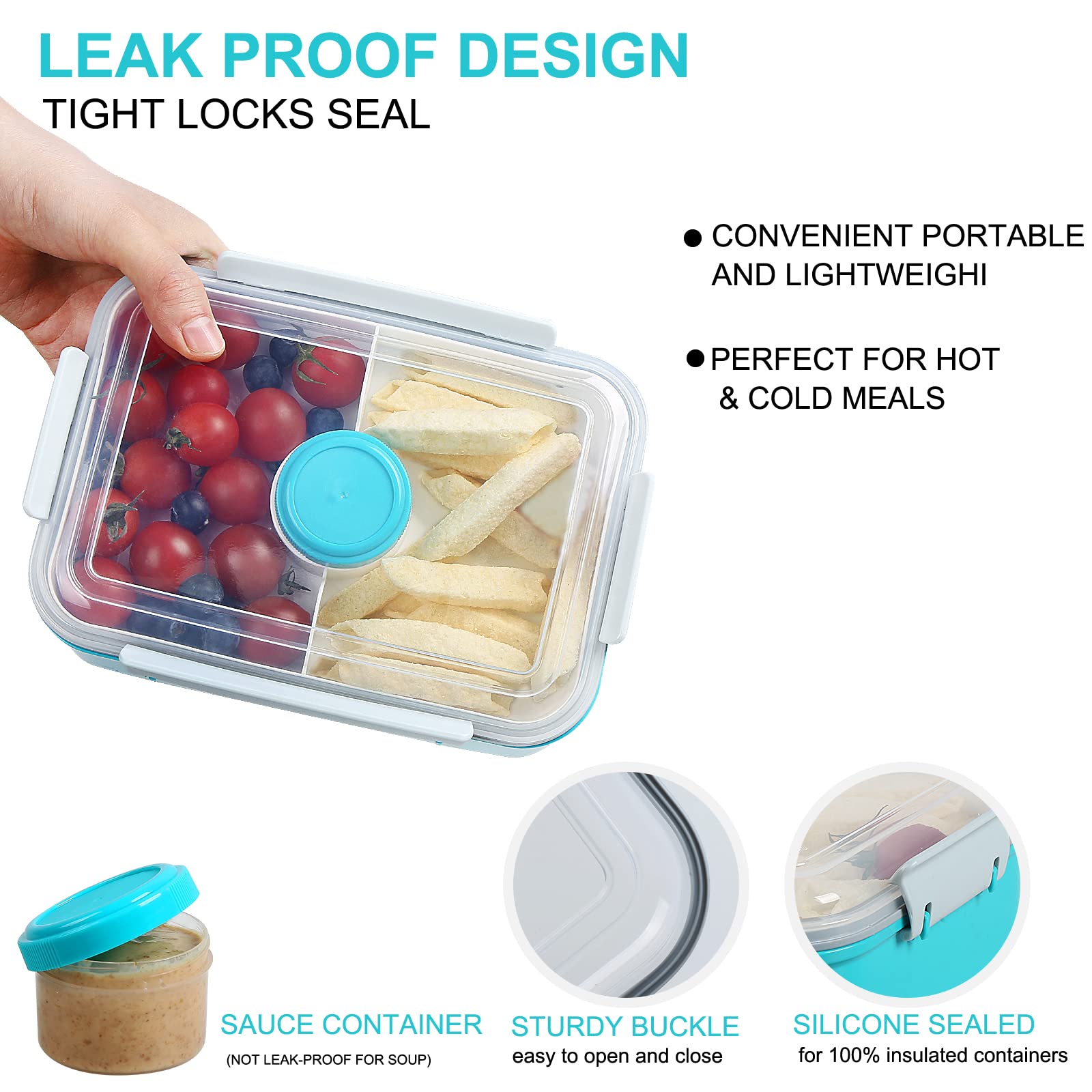 Shopwithgreen 47-oz Bento Box with Removable Tray & Dressing Pots, Food Prep Storage Containers with Lids, Coastal Aqua