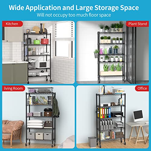 Hodonas 5-Tier Storage Shelves with Wheels, Freestanding Metal Shelves for Storage Wire Shelving Unit Storage Shelf, Metal Shelving Rack for Pantry Garage Kitchen Storage, Black, 36"W x 14"D x 75"H …