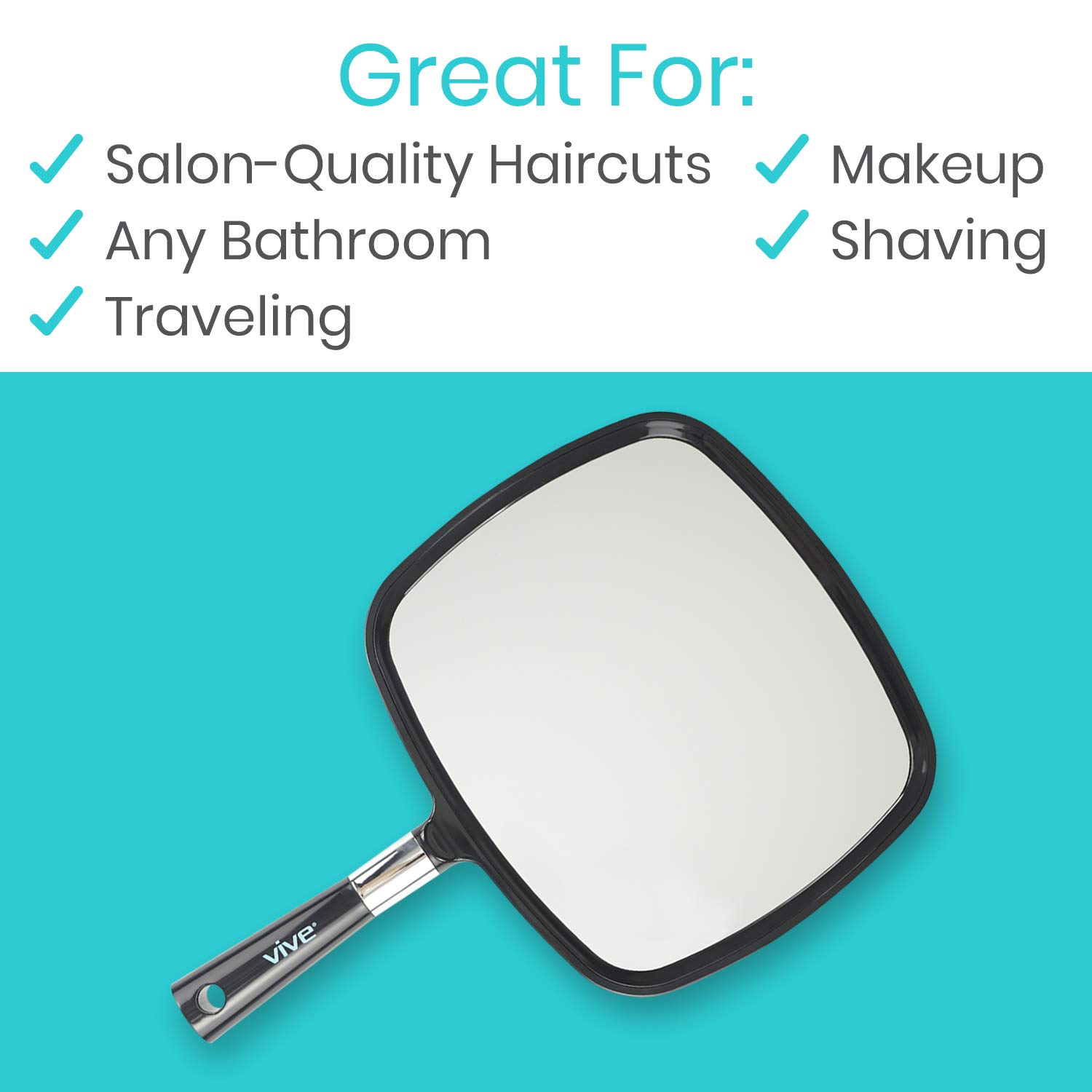 Vive Hand Mirror - Handheld Mirror with Handle - Extra Large Travel Portable Design - Makeup Mirror, Hair, Bathroom, Shaving, Barber - Vanity for Women, Men with Paddle Handle - Black Plastic Tool