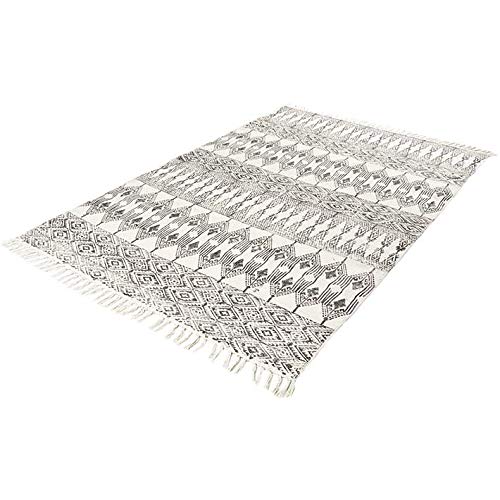 Eyes of India - 4 X 6 ft Off-White Black Cotton Block Print Area Dhurrie Rug Flat Weave Hand Woven Tassel Boho Chic Indian Bohemian Accent Handmade Handwoven