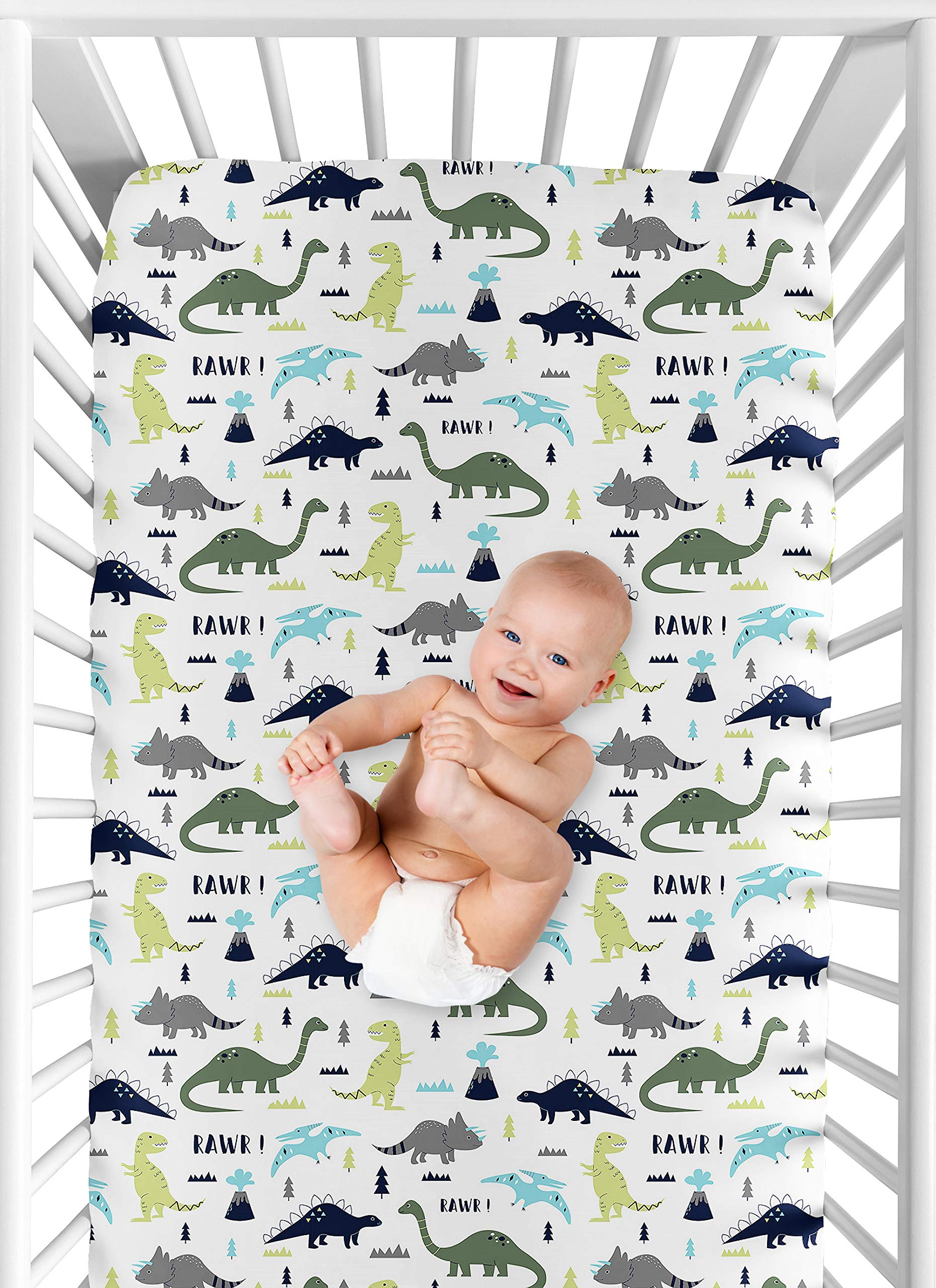 Sweet JoJo Designs Mod Dino Boy Jersey Stretch Knit Baby Fitted Crib Sheet for Soft Toddler Bed Nursery - Blue, Green and Grey Modern Dinosaur