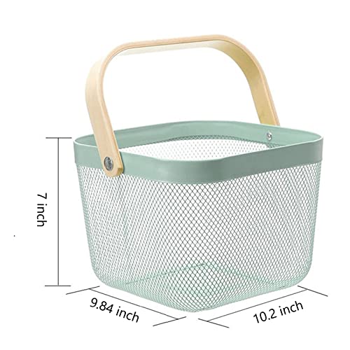 HOJKMA Mesh Steel Storage Organizer Basket, Multi-Functional Metal Wire Hanging Kitchen Baskets Fruit Basket with Bamboo Handle Ideal for Kitchen, Bathroom, Pantry, Cabinet Home, Shopping, Green