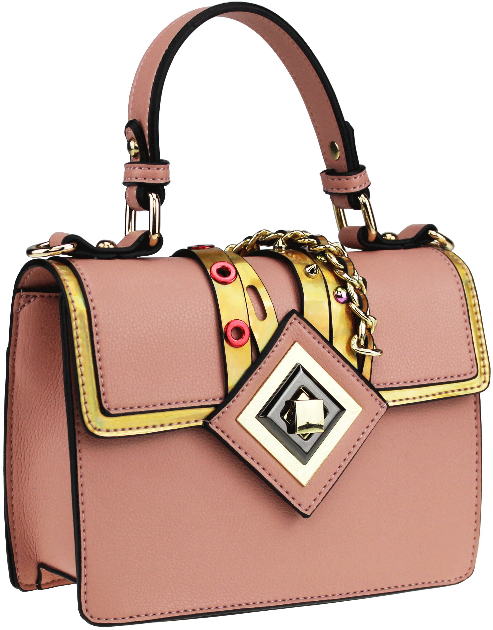 B BRENTANO Vegan Medium Crossbody Top Handle Purse with Metallic Trim (Blush Pink)