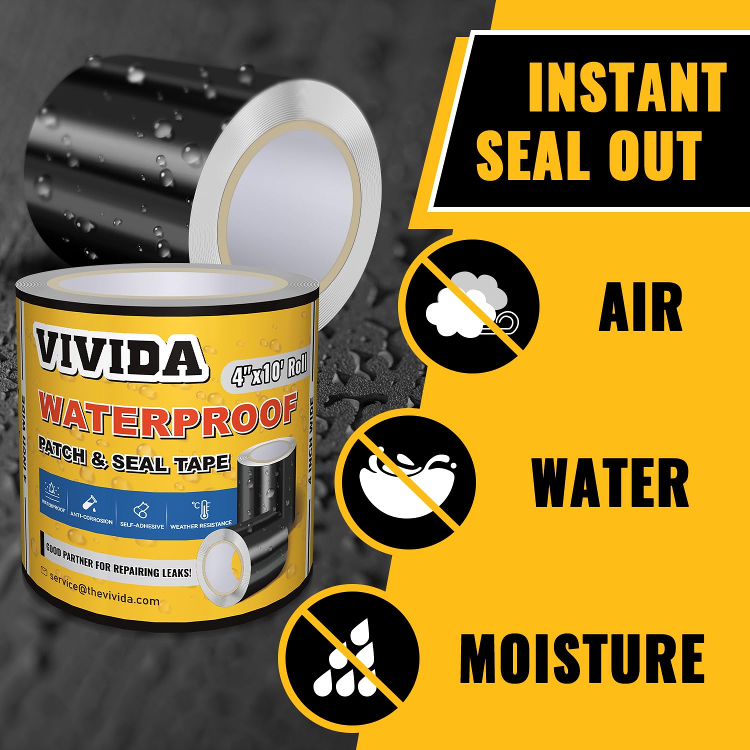 VIVIDA Waterproof Patch and Seal Tape, 4" × 10' Waterproof Tape for Outdoor Use, Patch and Seal Tape Waterproof Tape for Leaks, Underwater Repair, Black, 1 Roll