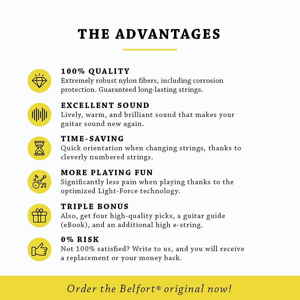 BELFORT® guitar strings classical guitar, strings for classical guitar made of nylon and silver, acoustic guitar (6-string set) - Incl. 4 picks + extra high E-string (028//043) (028//043)