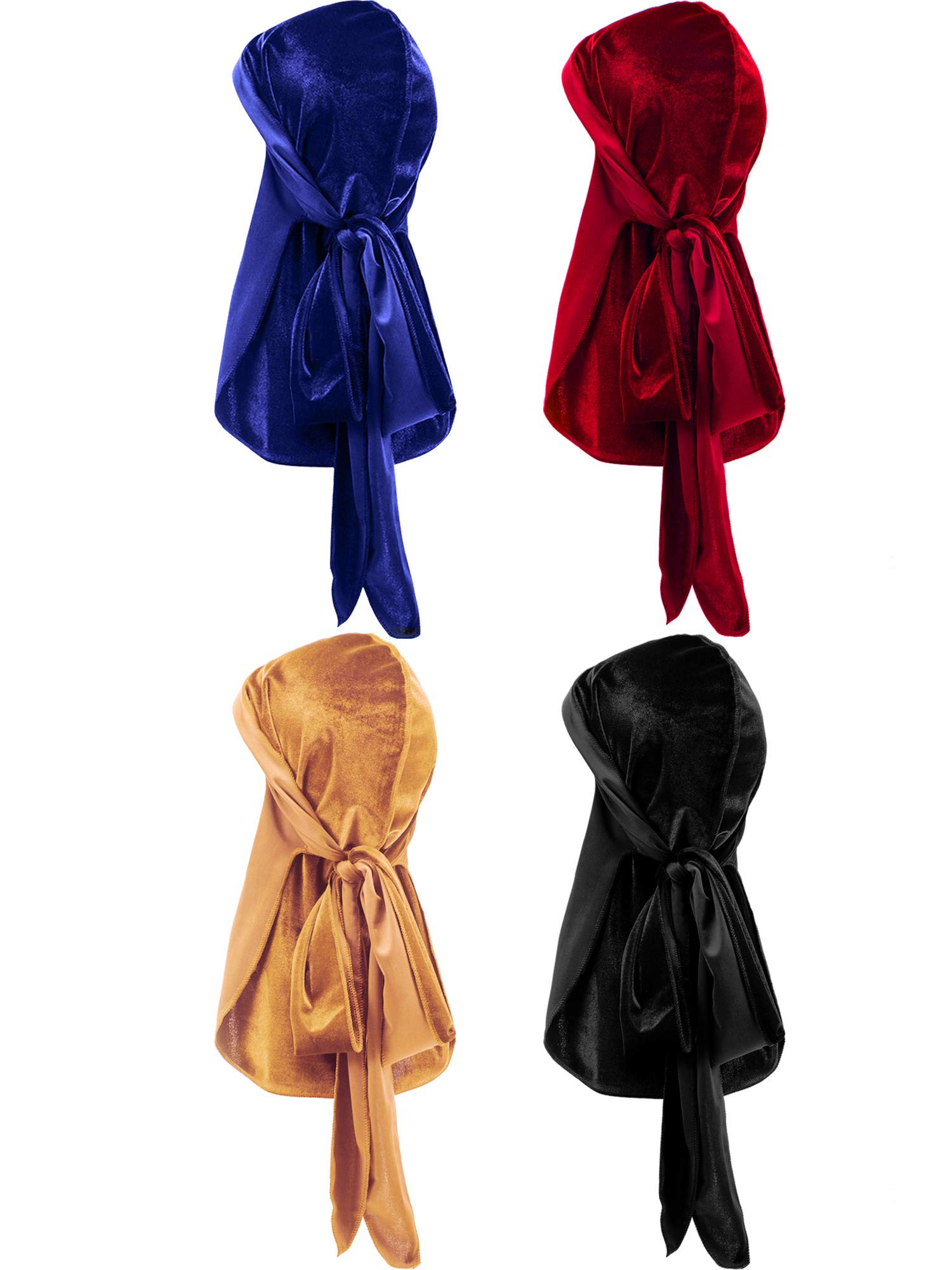 4 Pieces Men's Velvet Durag with Long Tail Soft Durag Headwraps for 360 Waves (Royal blue, Red, Gold, Black)