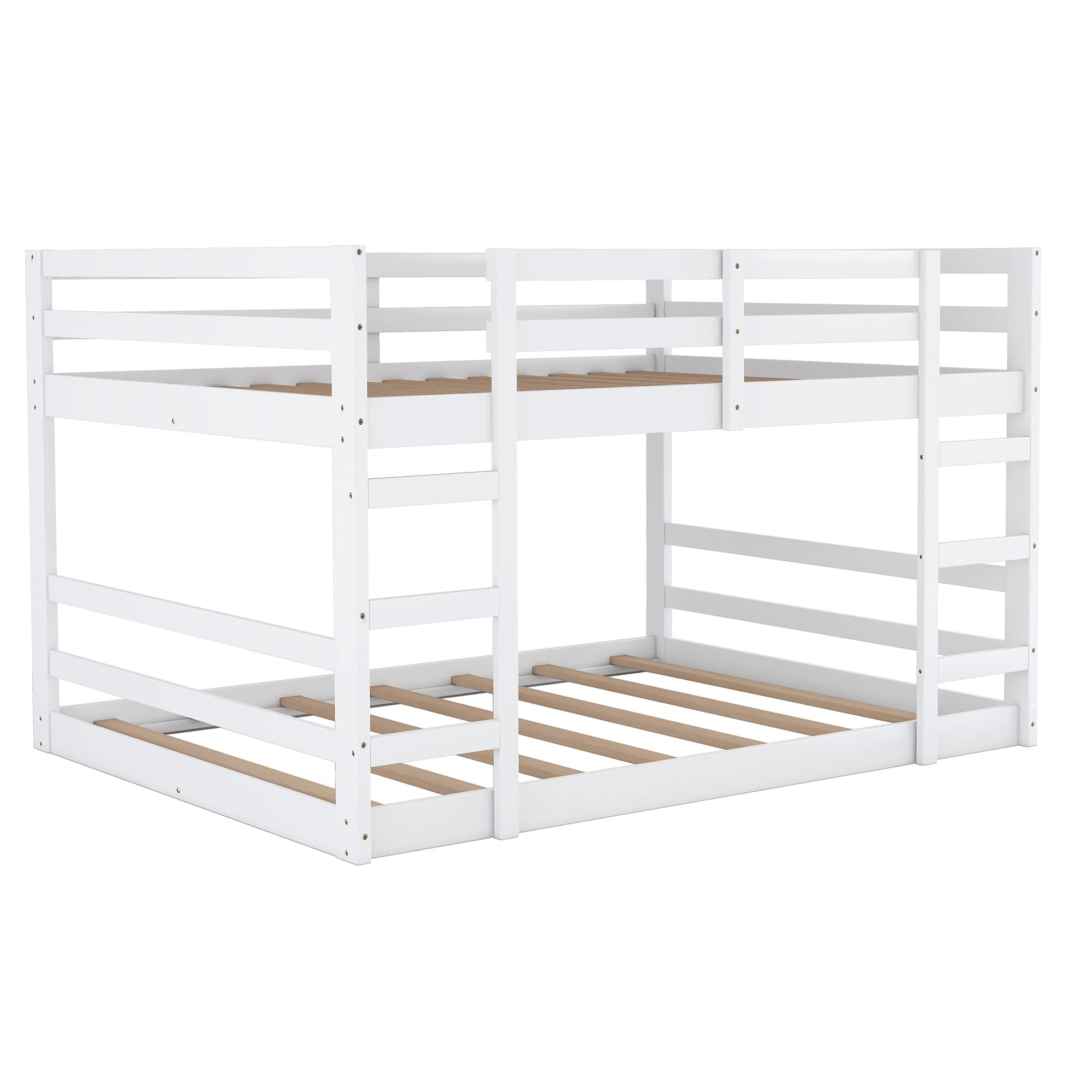 Twin Over Twin Low Bunk Bed, Solid Wood Floor Bunk Bed with Ladder, for Toddlers Kids Boys Girls (White)