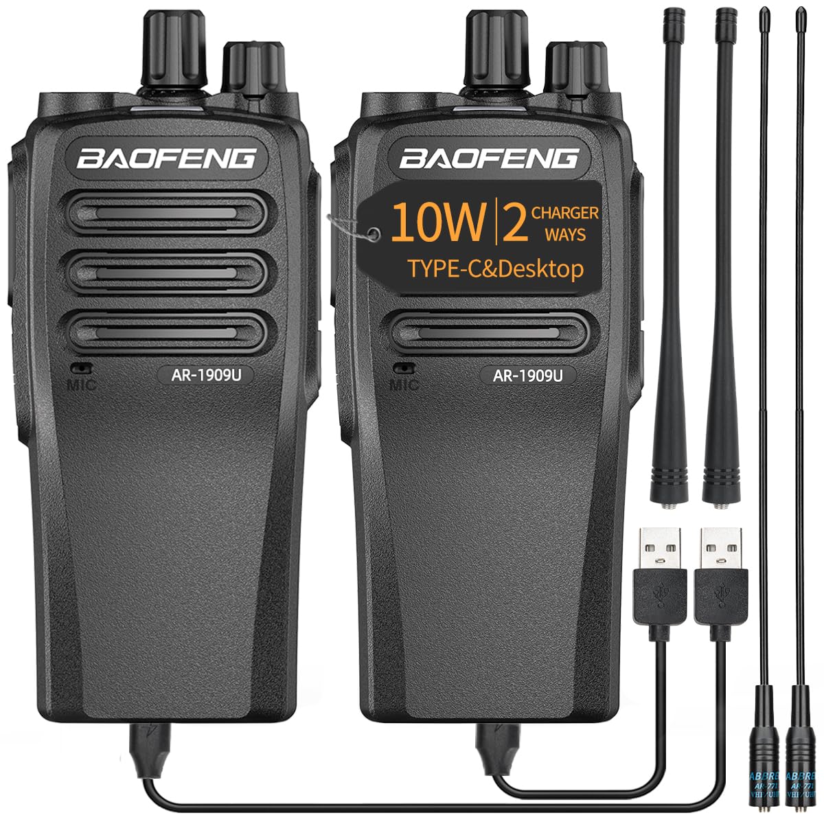 2Pack Baofeng AR-1909U Powerful Walkie Talkie Long Distance Ham Radio Handheld Portable Two Way Radio with AR-771 Antenna Type-C Charging Cable