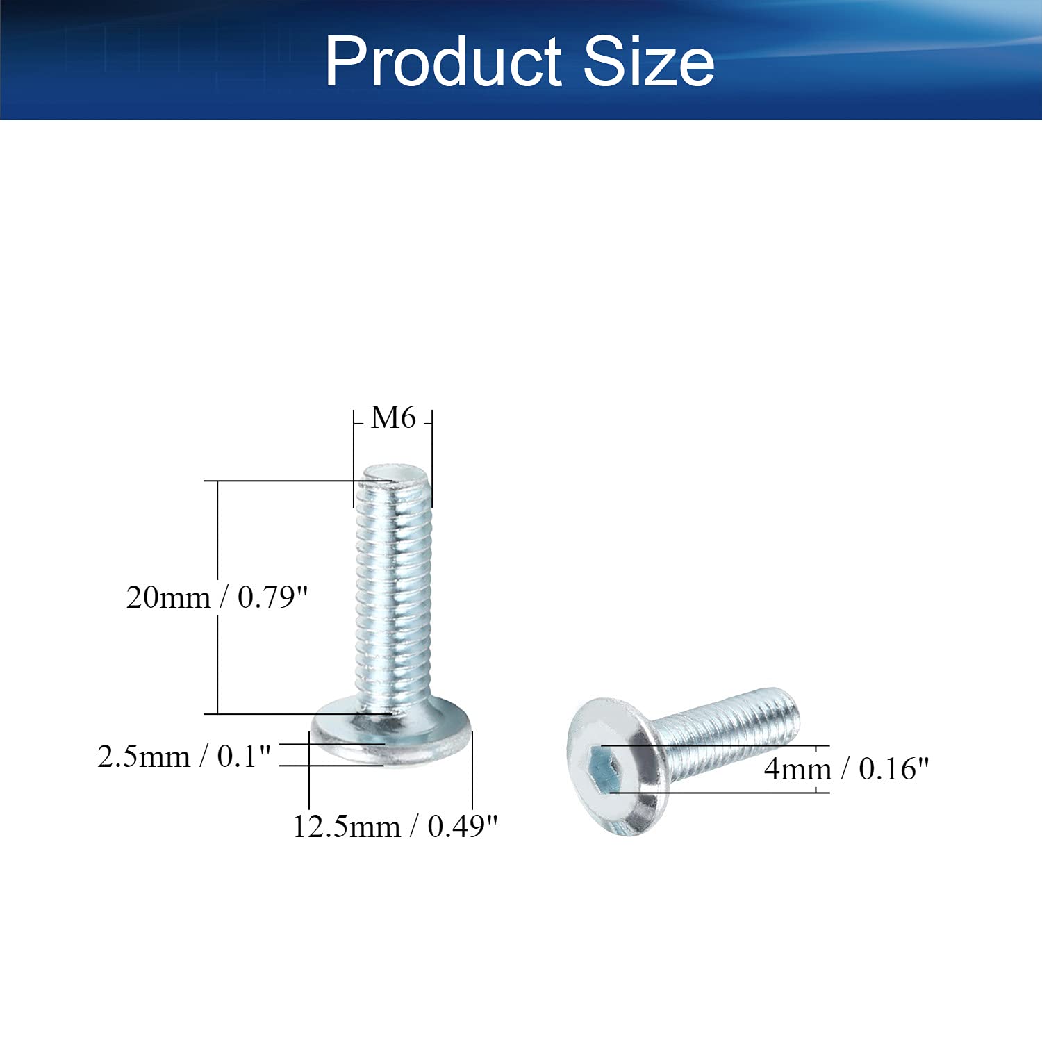 Yinpecly 10PCS M6x20mm Hex Socket Flat Head Screws Furniture Bolts Fastener Countersunk Connector Screws, Full Thread, Carbon Steel, Blue White Tone