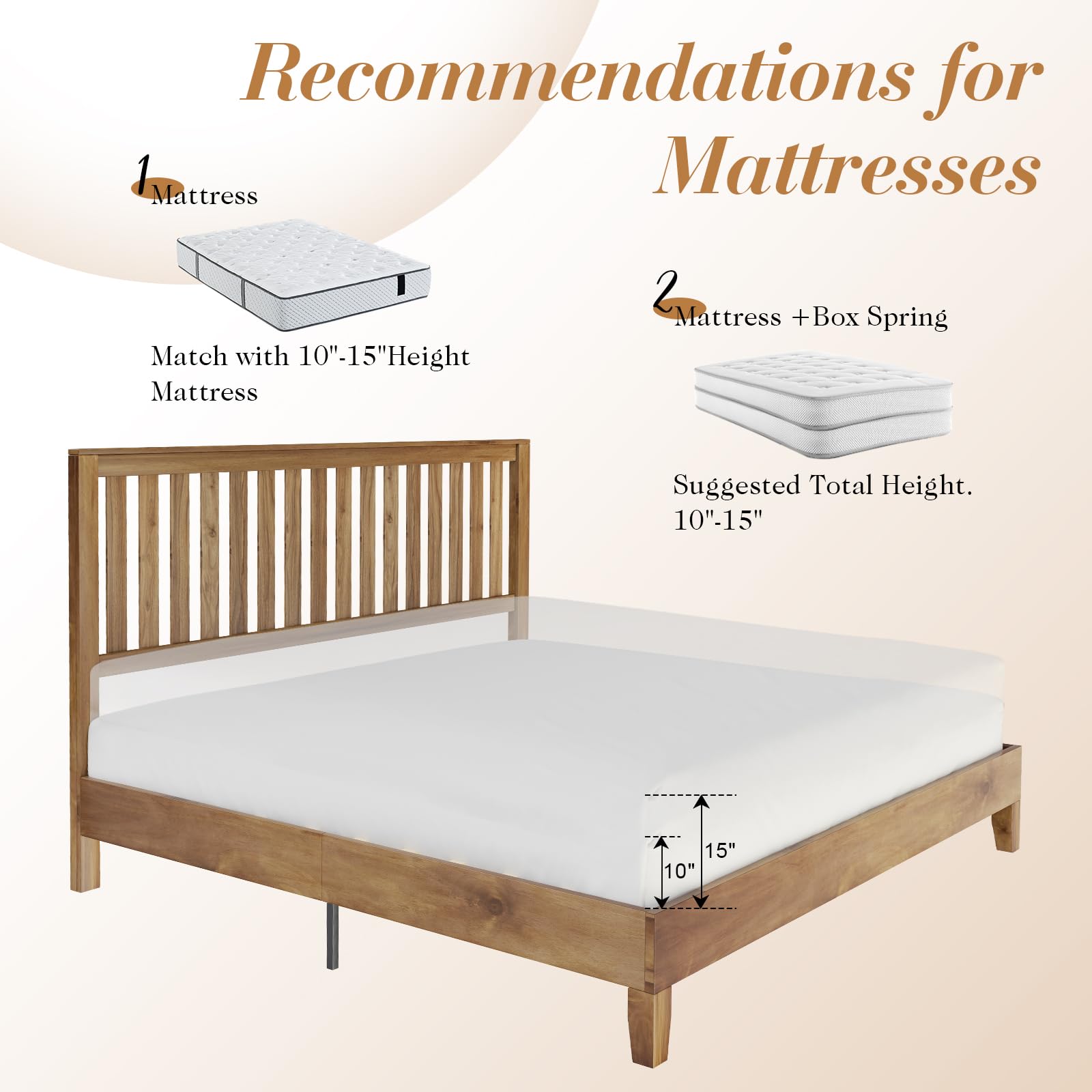 AMERLIFE King Size Solid Wood Bed Frame, Mid-Century Wooden Platform Bed with Grille Headboard, Wood Slat System/No Box Spring Needed/Noise Free, Natural