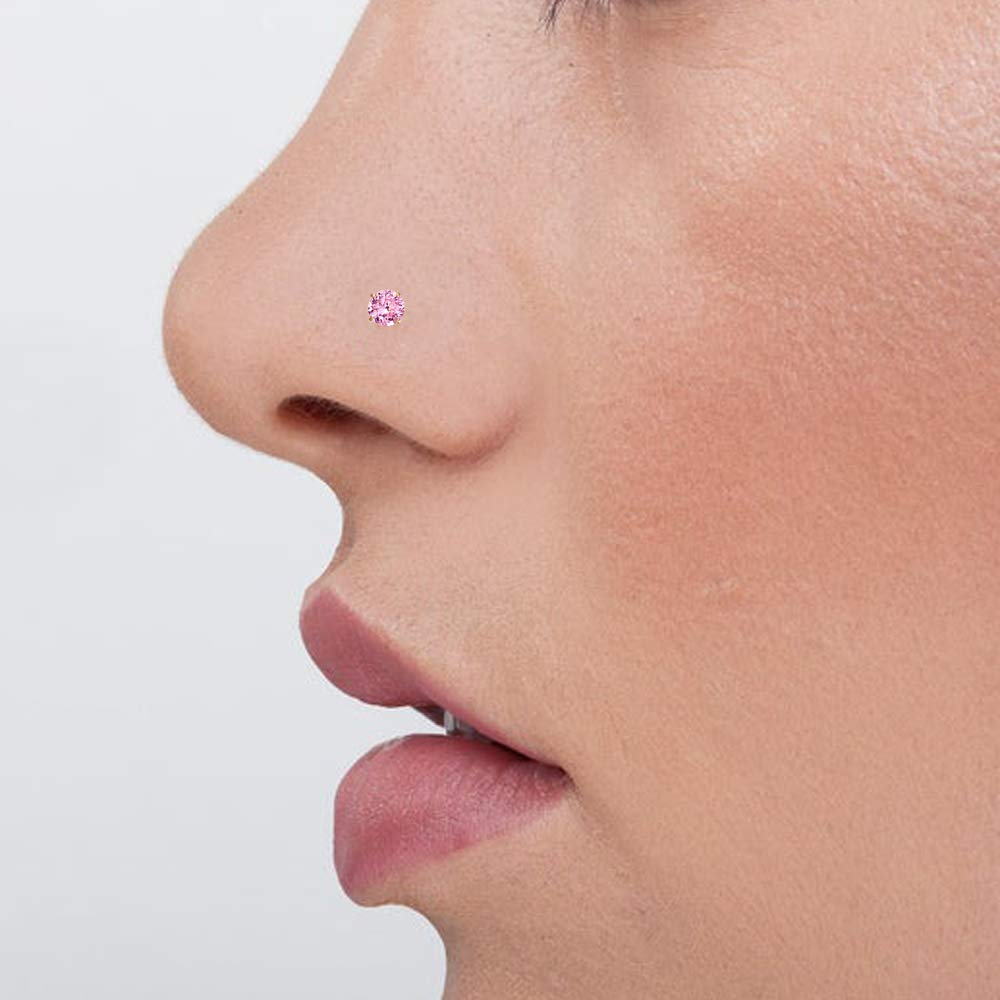 9 Karat Solid Yellow Gold Plain Claw Set 2MM Pink Round CZ Stone 22 Gauge Ball End Nose Stud Piercing Jewelry
