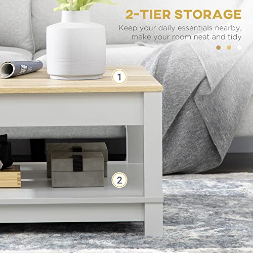 HOMCOM Coffee Table, 2 Tier Center Table with Storage Shelf and Wood Textured Top, Square Living Room Table, Light Gray