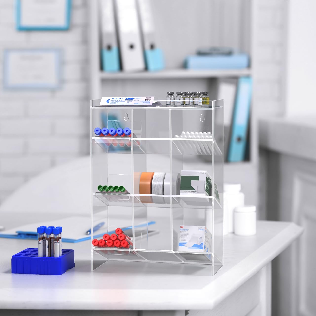 Tube Rack Clear Acrylic 9 Compartment 11.5" x 5.5" x 16" Wall Mount with Hanging Hardware or Countertop Phlebotomists Scientists Nurses Physicians Emergency Technicians by Marketing Holders