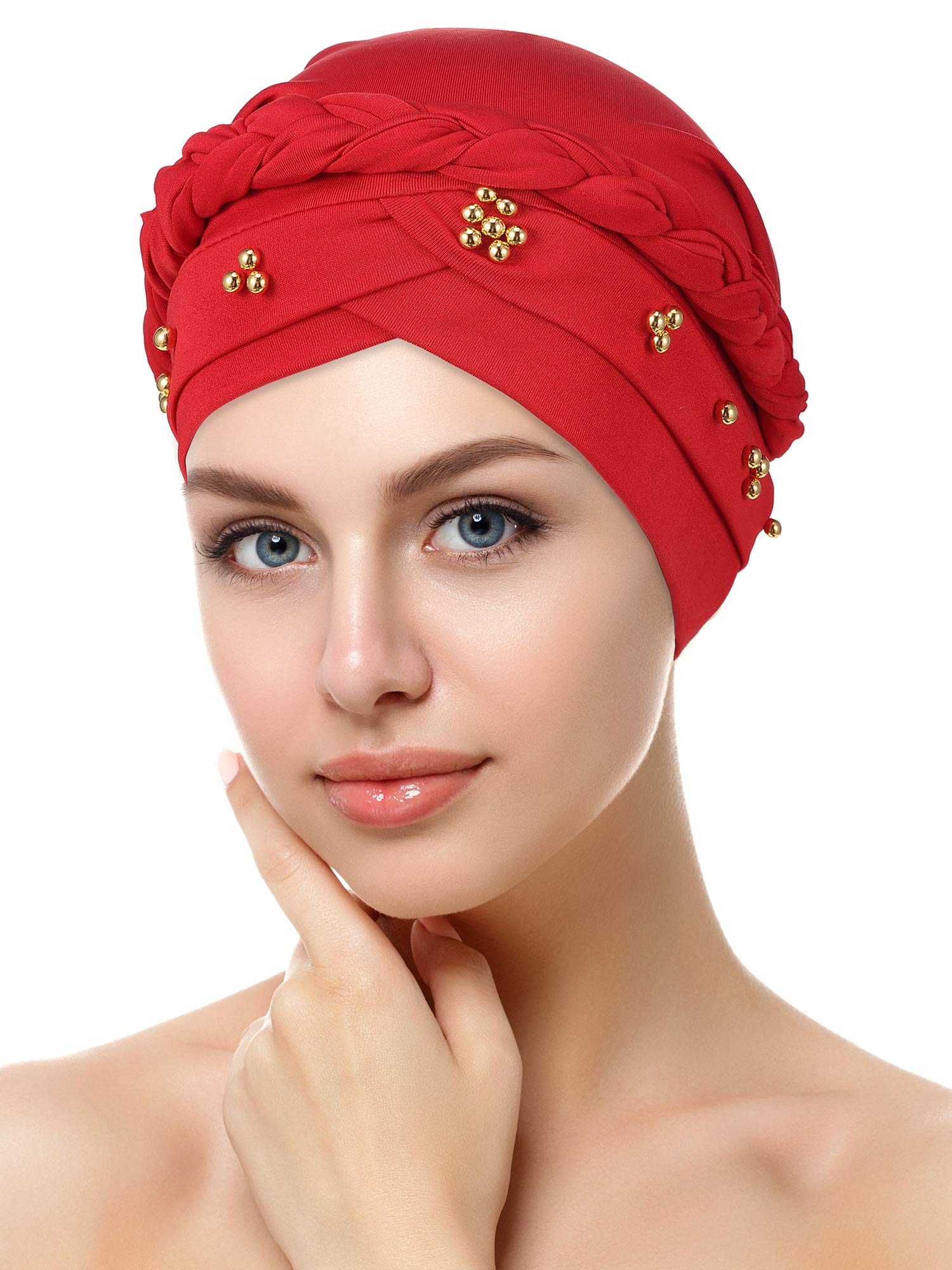 4 Pieces African Women Turban Cap Head Wraps Beaded Headscarf Beanie Wrap (Black, Grey, White, Red,Bead Style)
