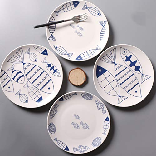 YARNOW 8-inch Ceramic Serving Plate Porcelain Round Platter Dessert Salad Tray Dinner Dish Bowl for Tabletop Home Restaurant (Nine Fishes)