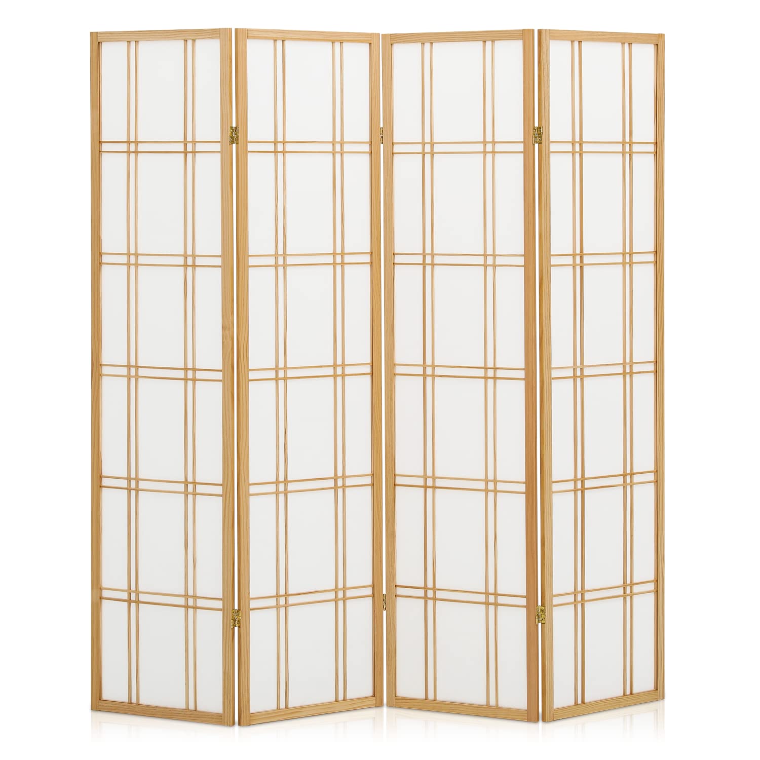 MoNiBloom Oriental Room Dividers and Folding Privacy Screens 5.7ft Shoji Room Divider Double Cross Folding Partition Freestanding Wood Wall Dividers with 4 Panel for Office Changing Room, Natural