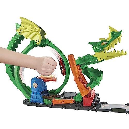 Hot Wheels Toy Car Track Set City Dragon Drive Firefight & 1:64 Scale Toy Firetruck, Connects to Other Sets