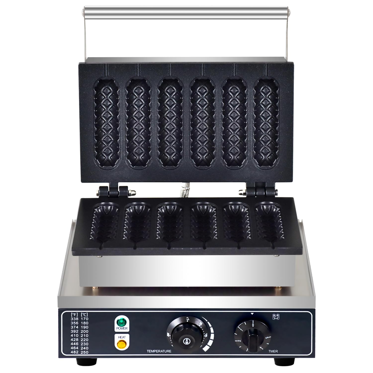 Commercial Corn Dog Waffle Maker 1600W Lolly stick waffle Maker 6 Slice Non-Stick Stainless Steel Corn Hot Dog Waffle Iron with Temp and Time Control, for Restaurant Bakery Snack Bar Family
