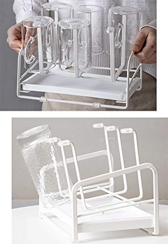 YEAVS Cup Drying Rack with Drain Tray, Bottle Drying Rack Stand with 6 Hooks, Mug Organizer (White)